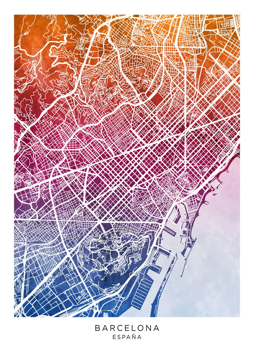 'Barcelona Spain Map' Poster, picture, metal print, paint by Michael ...