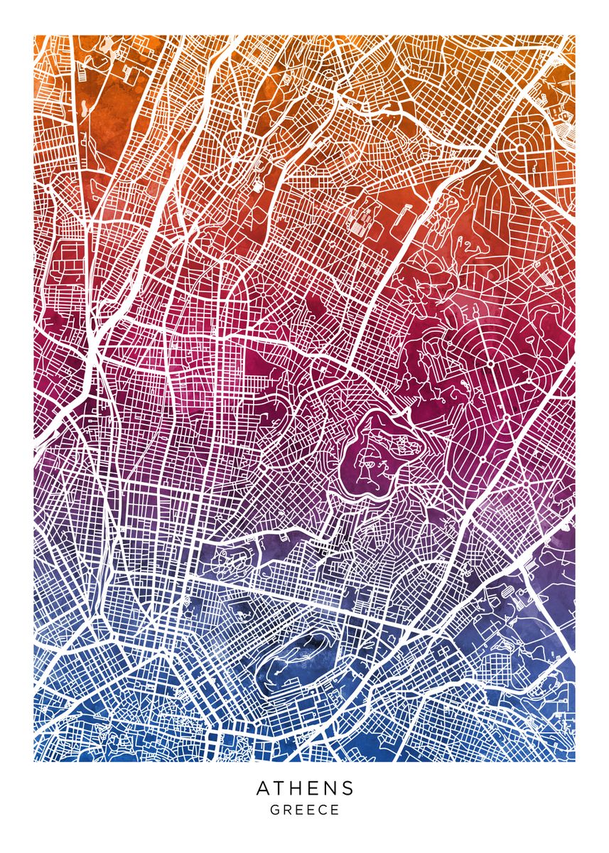 'Athens Greece Map' Poster, picture, metal print, paint by Michael ...