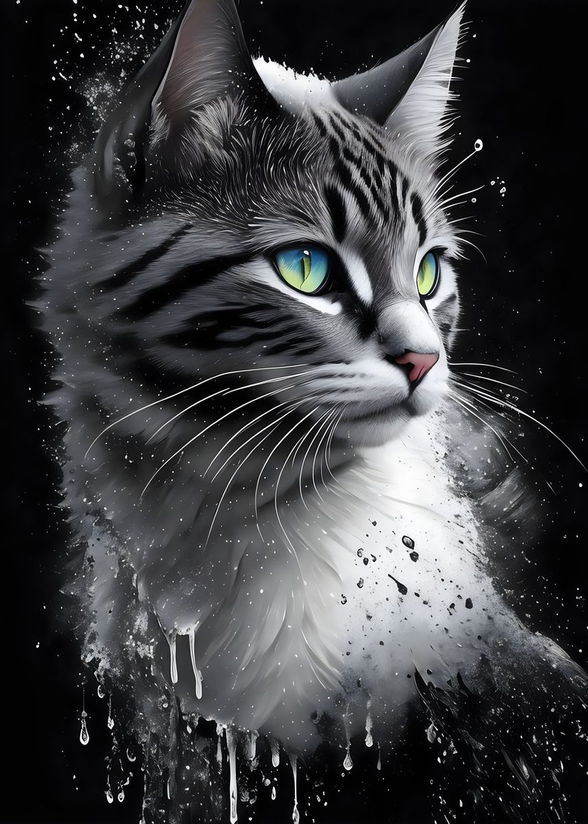 'Grey Cat Portrait ' Poster by A J RILEY | Displate