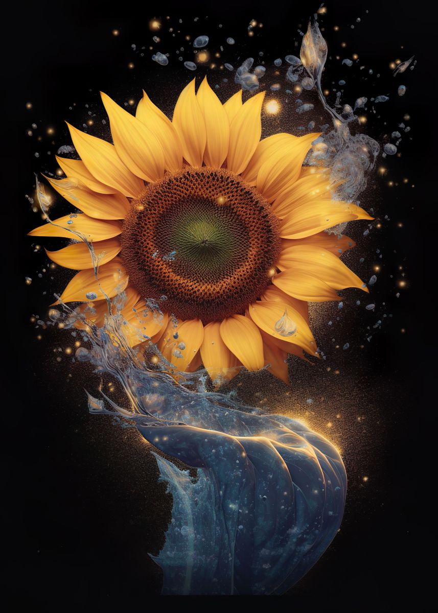 'Sunflower Water Splash' Poster, picture, metal print, paint by ...