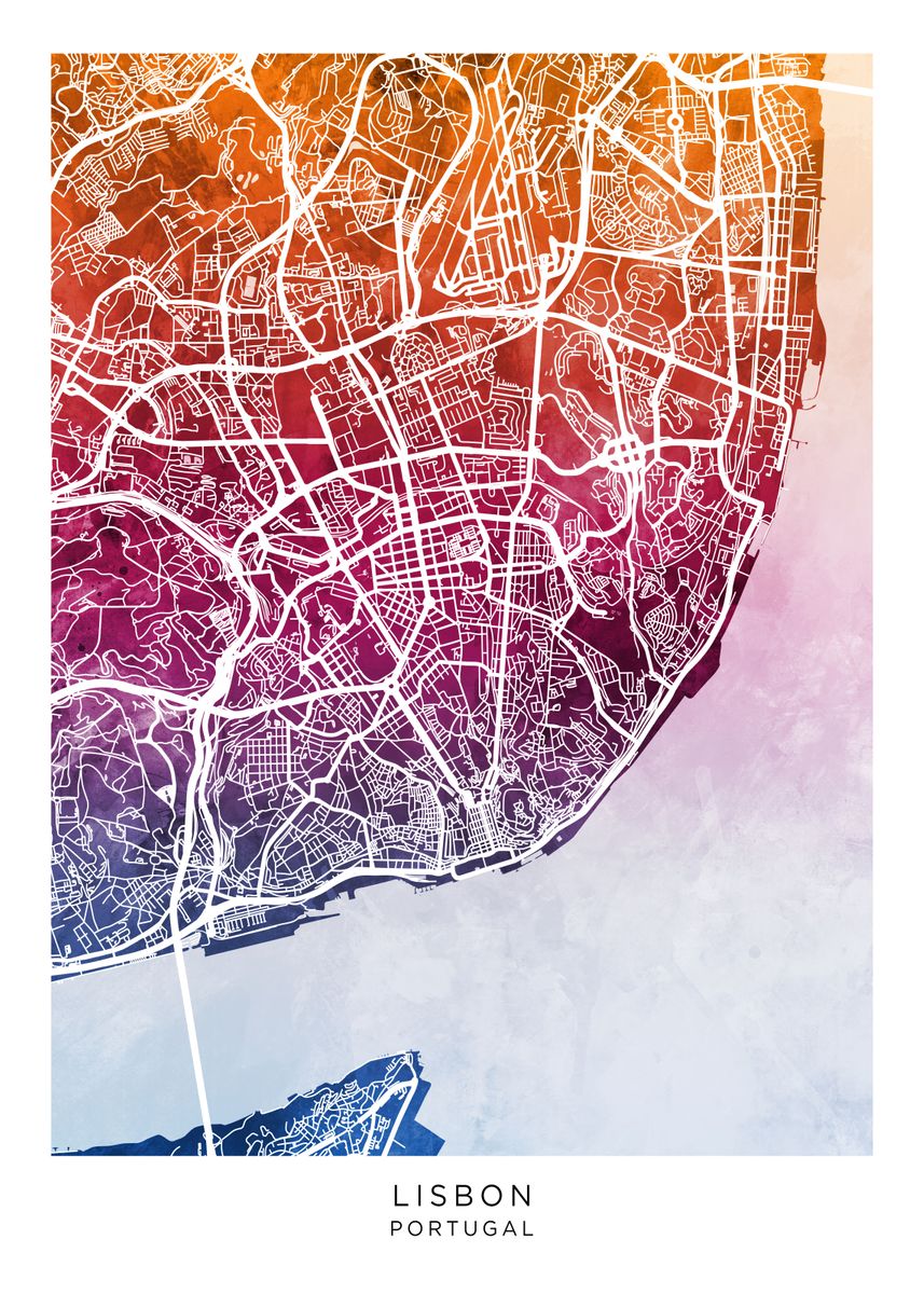 'Lisbon Portugal Map' Poster, picture, metal print, paint by Michael ...