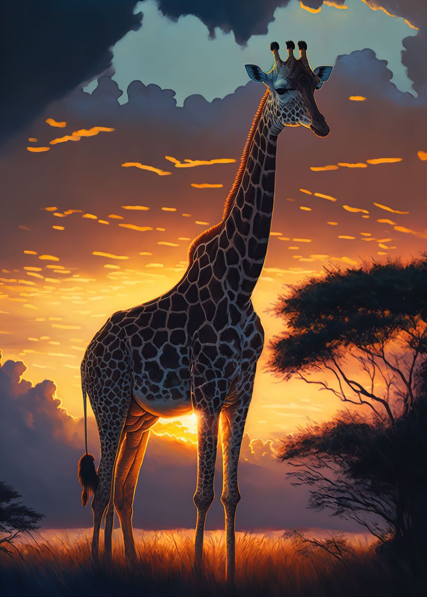'giraffe animal sunset' Poster, picture, metal print, paint by ...