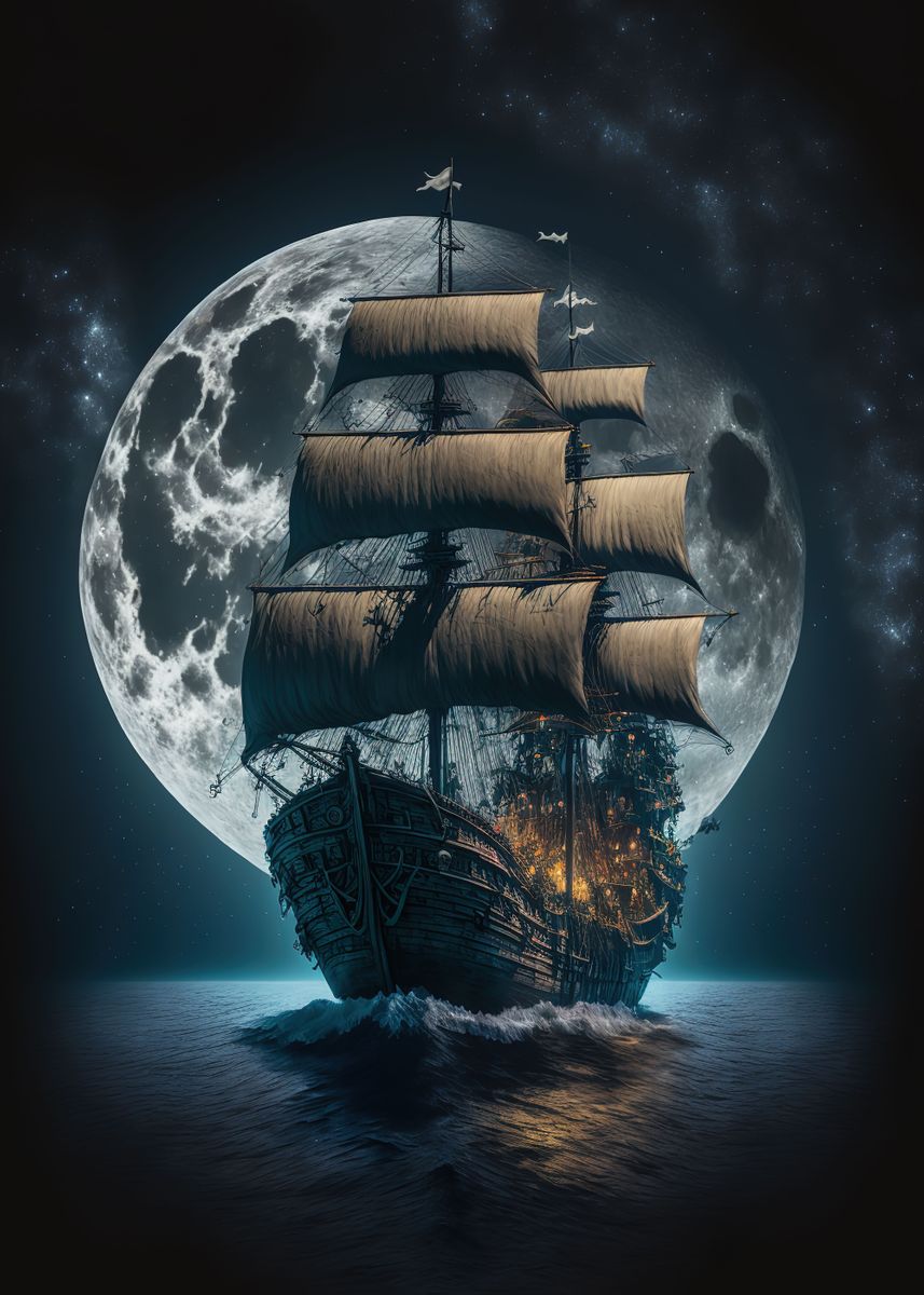 'boat moon night ' Poster, picture, metal print, paint by DEMON SPACE ...