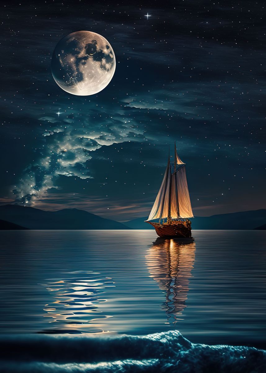 'boat moon night ' Poster, picture, metal print, paint by DEMON SPACE ...
