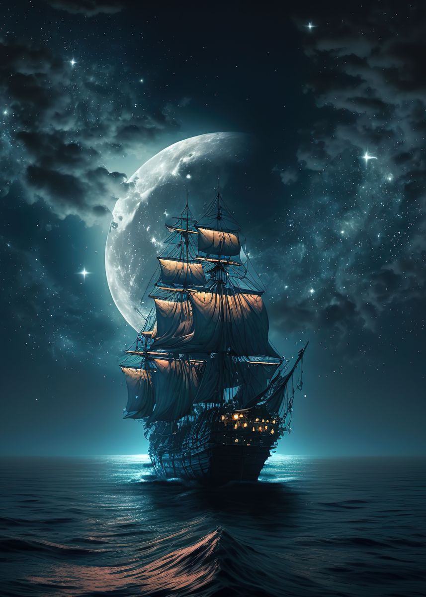 'boat moon night ' Poster, picture, metal print, paint by King Kean ...