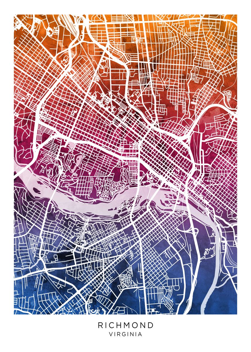 'Richmond Virginia Map' Poster, picture, metal print, paint by Michael ...
