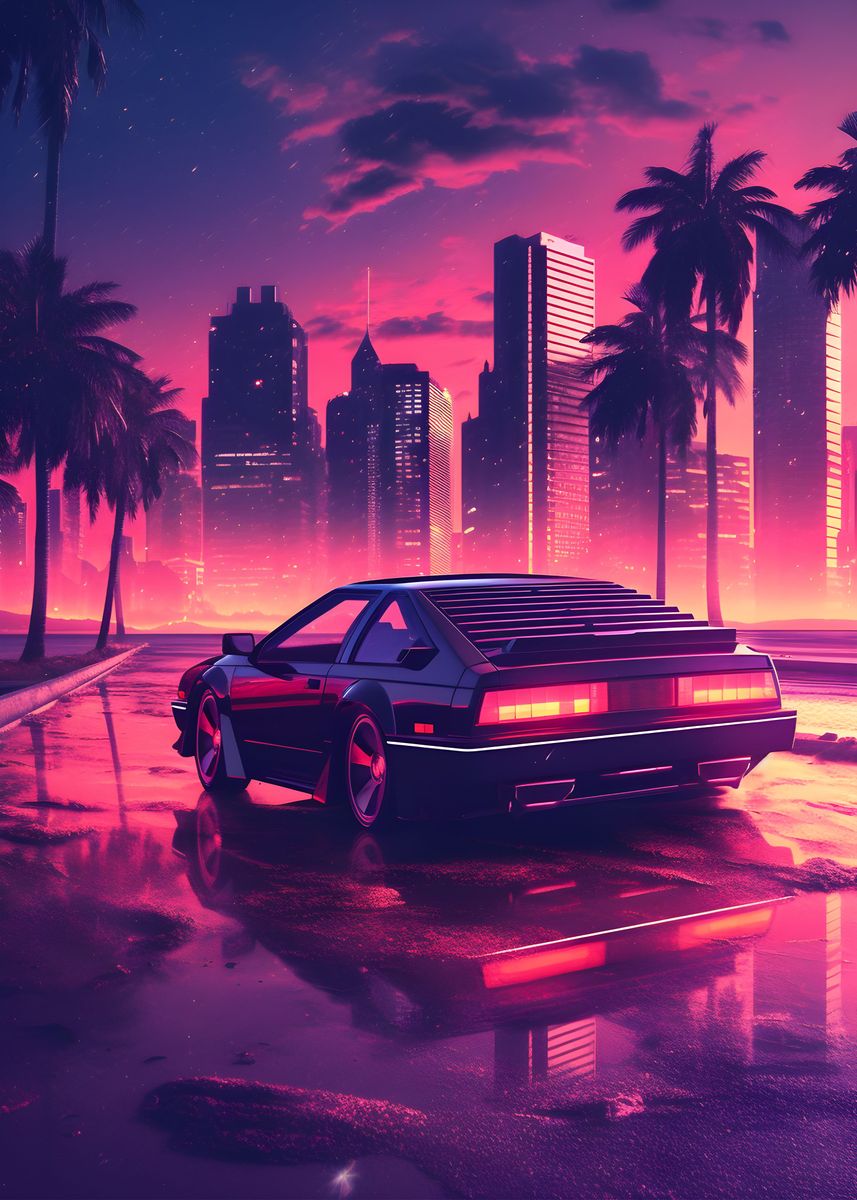 'Outrun Midnight City' Poster, picture, metal print, paint by Future Art | Displate