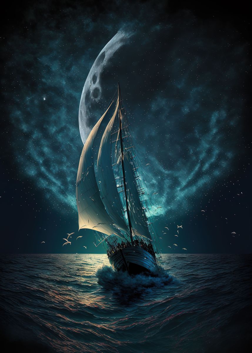 'boat moon night ' Poster by DEMON SPACE | Displate