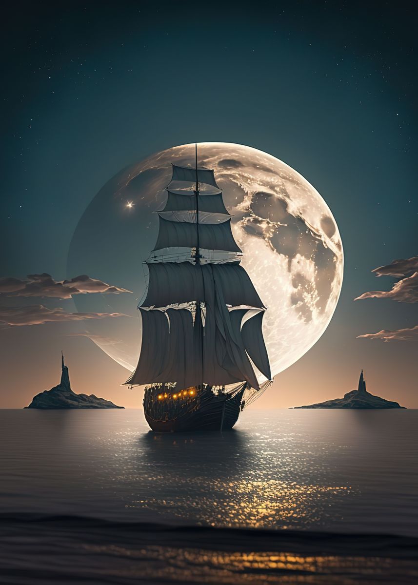 'boat moon night ' Poster by King Kean | Displate