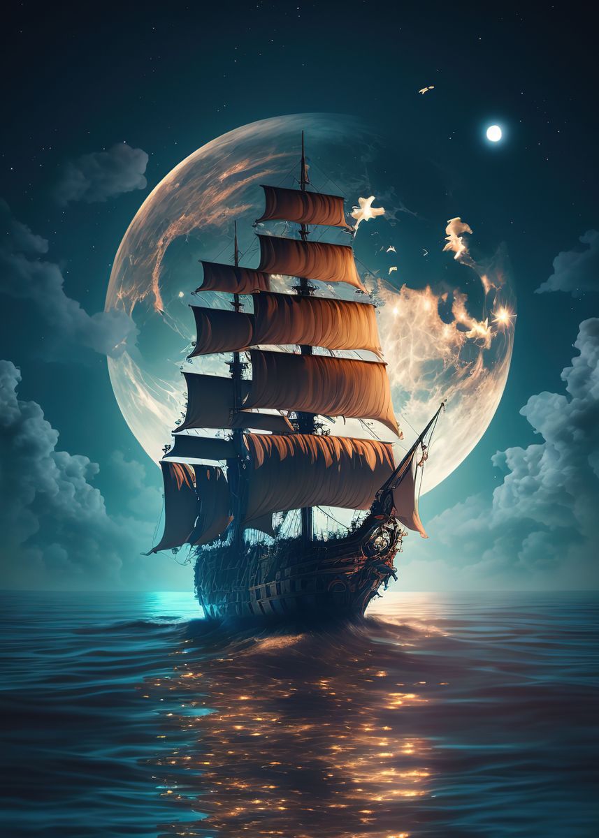 'boat moon night ' Poster, picture, metal print, paint by DEMON SPACE ...