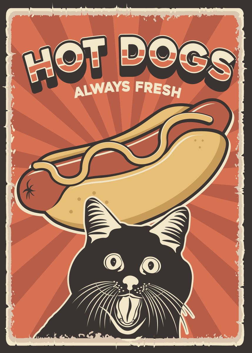 'Funny Retro Cat hot dog 5' Poster, picture, metal print, paint by ...