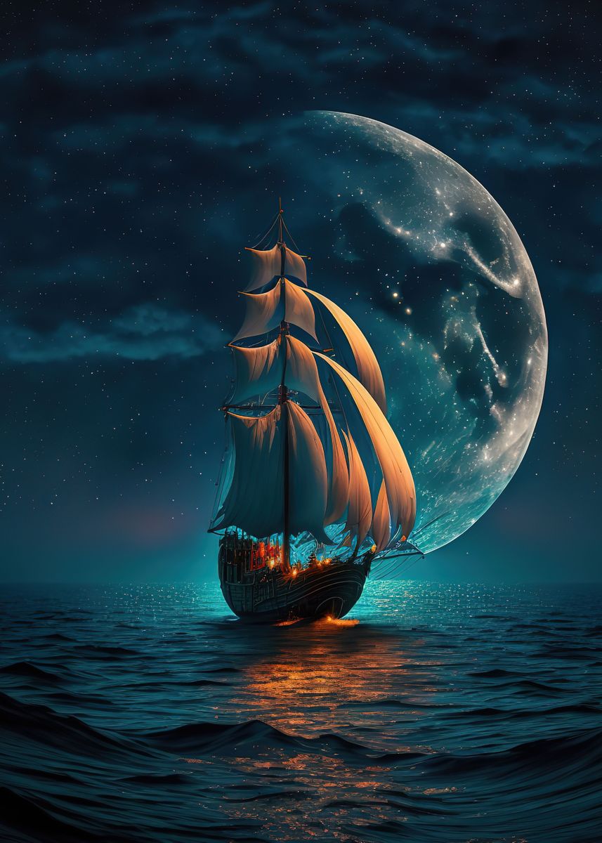 'boat moon night ' Poster, picture, metal print, paint by King Kean ...