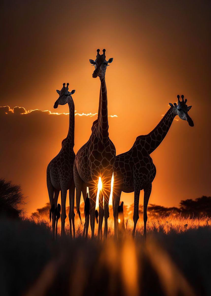 'giraffe animal sunset' Poster, picture, metal print, paint by Leigh ...
