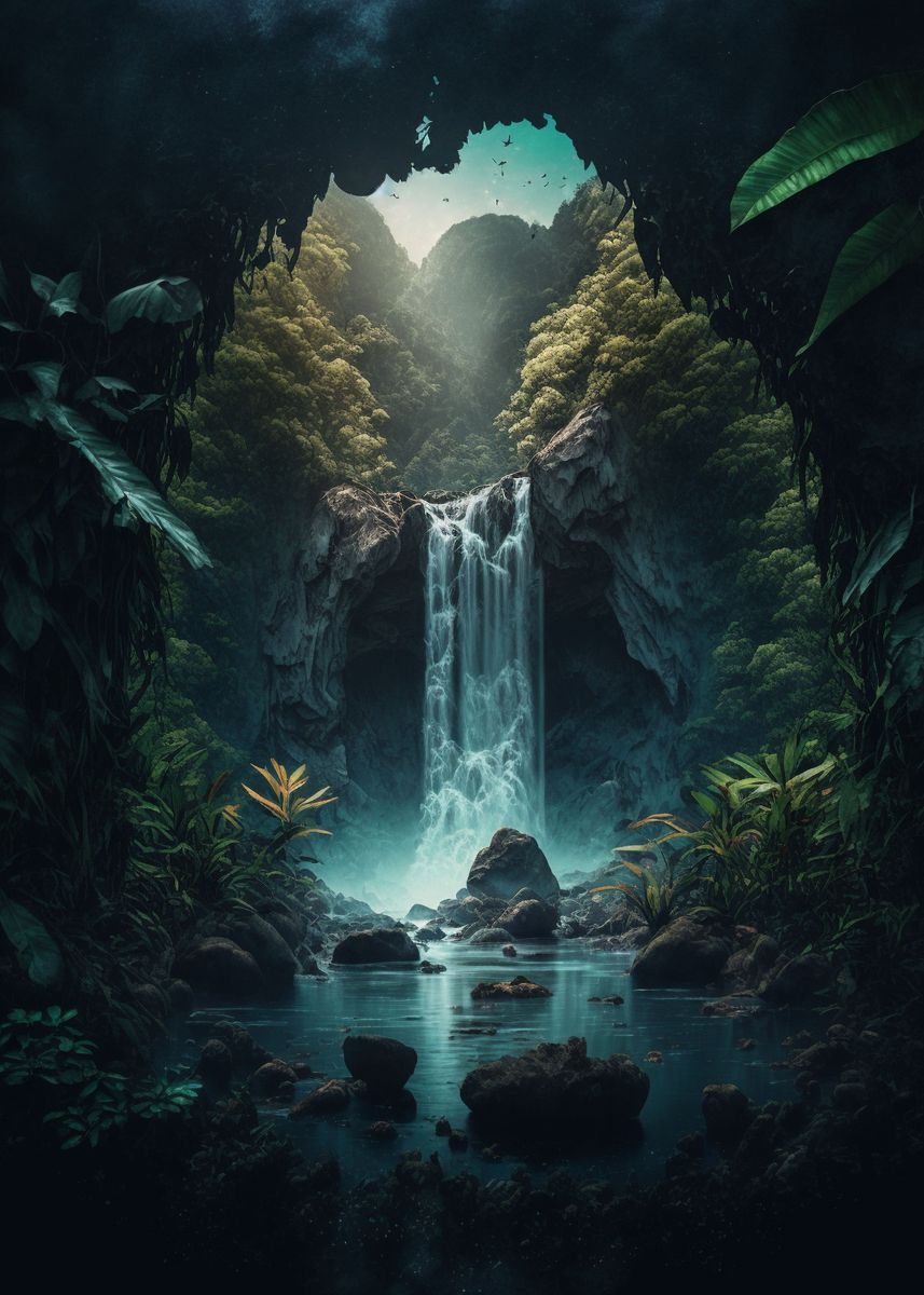 'Waterfall in Forest Nature' Poster, picture, metal print, paint by ...