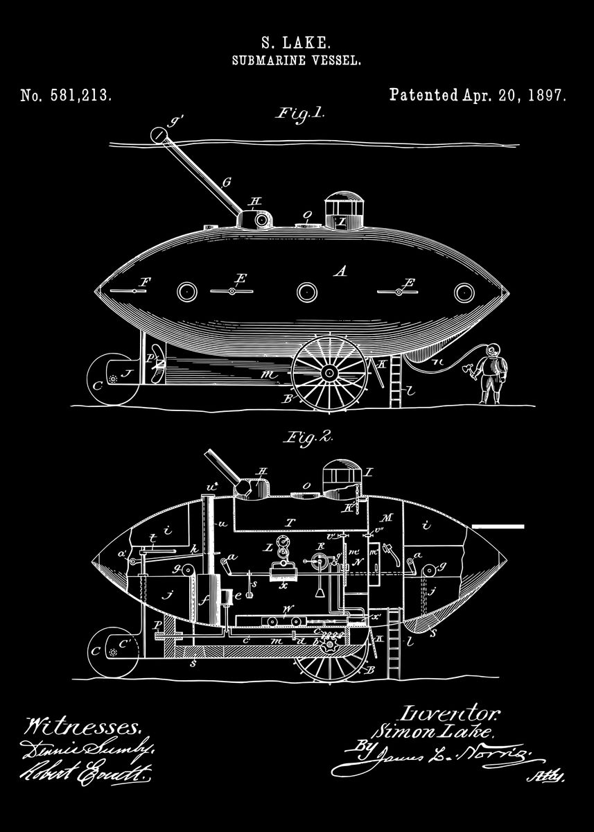 'Submarine vessel patent' Poster, picture, metal print, paint by ...