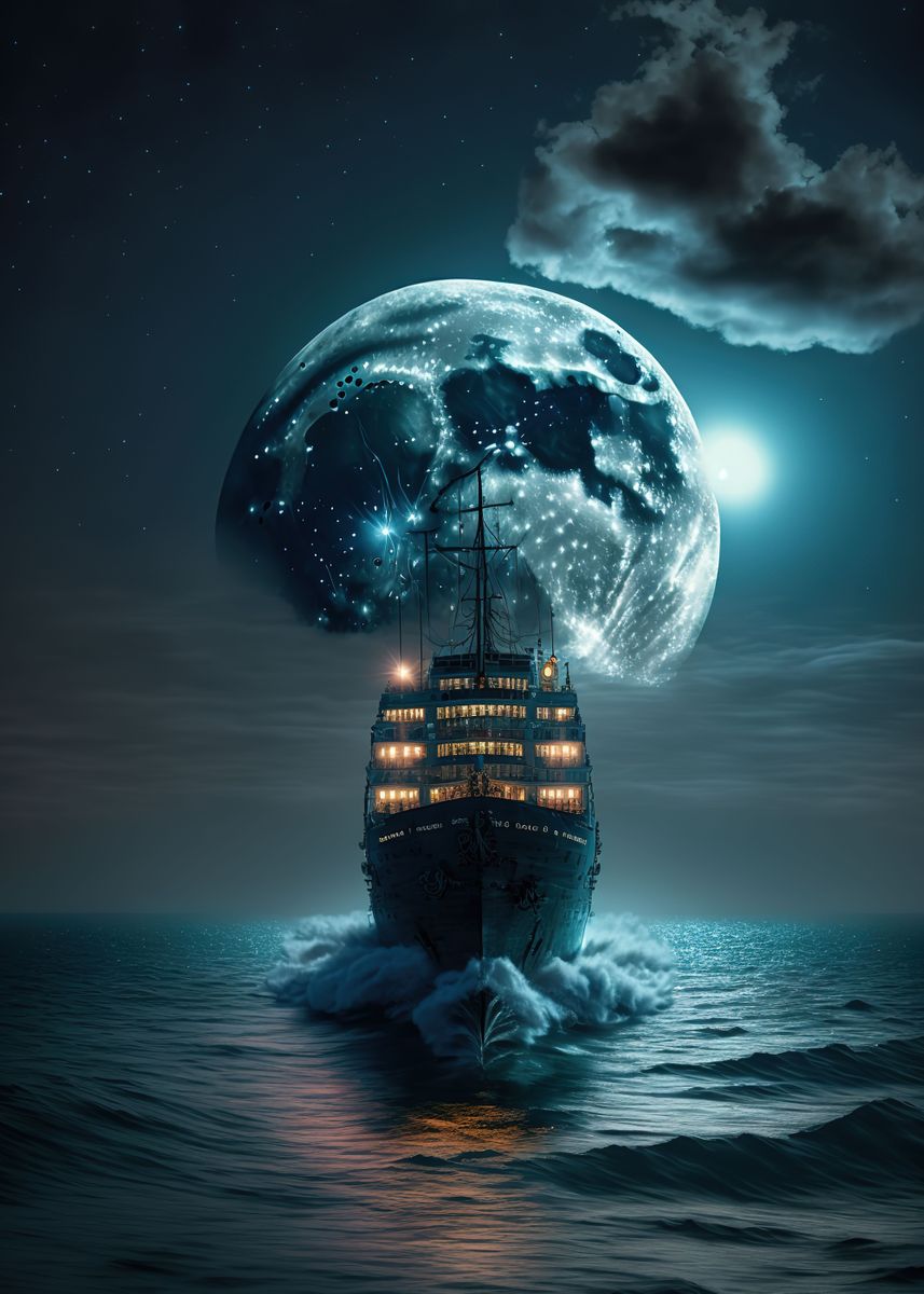 'boat moon night ' Poster, picture, metal print, paint by DEMON SPACE ...