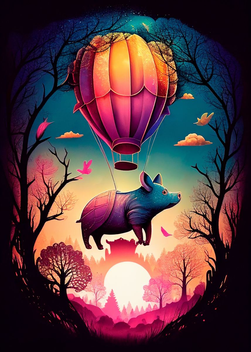 'Flying Pig' Poster, picture, metal print, paint by Beata Tabak | Displate