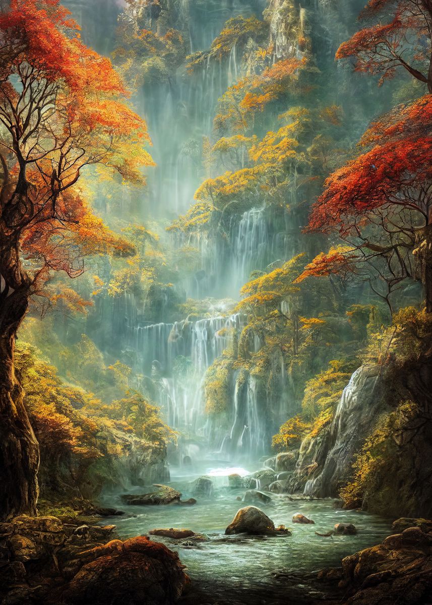'Waterfall in Forest Nature' Poster, picture, metal print, paint by ...
