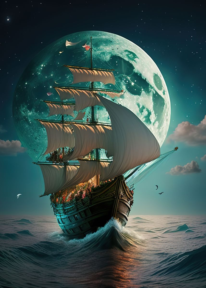 'boat moon night ' Poster, picture, metal print, paint by ellenanydia ...