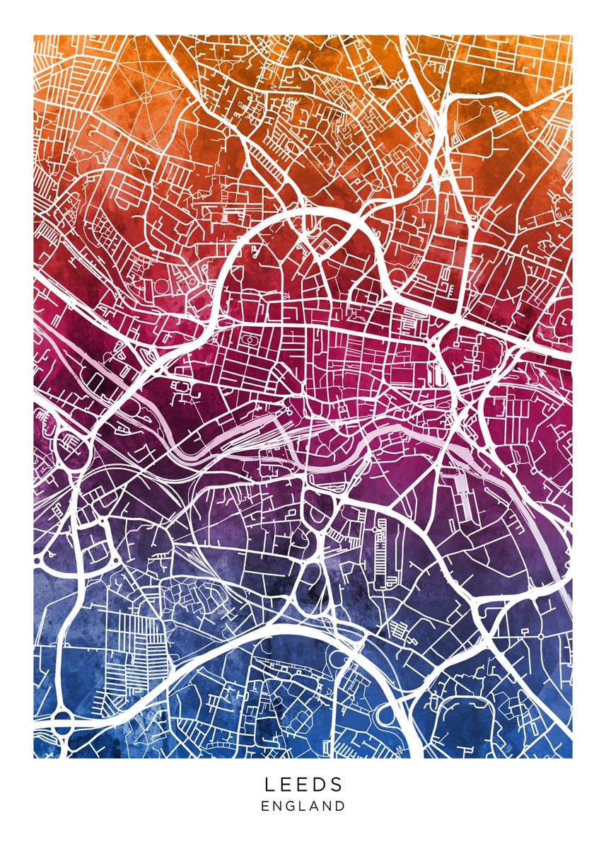 'Leeds England Map' Poster, picture, metal print, paint by Michael ...