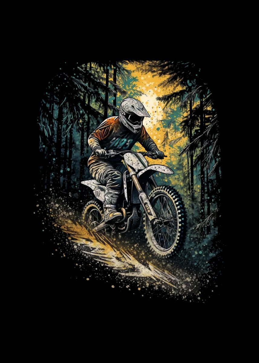 'Dirt Bike Offroad Forest' Poster, picture, metal print, paint by CrownMerch | Displate