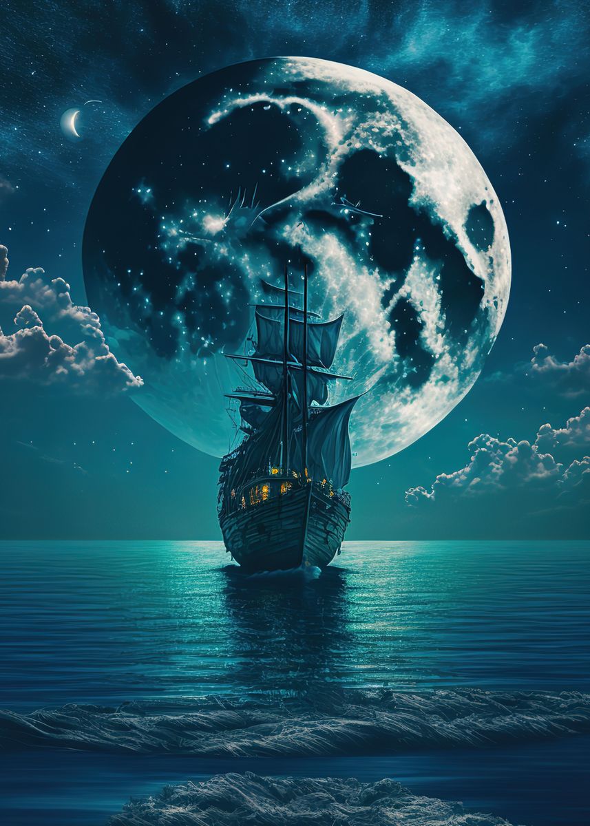 'boat moon night ' Poster, picture, metal print, paint by DEMON SPACE ...