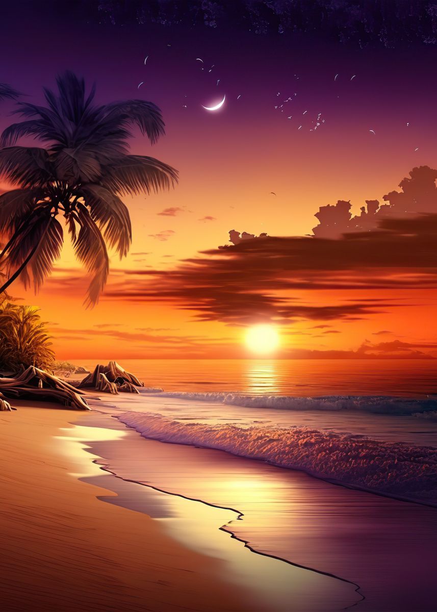 'Beach Sunset Landscape' Poster, picture, metal print, paint by ...