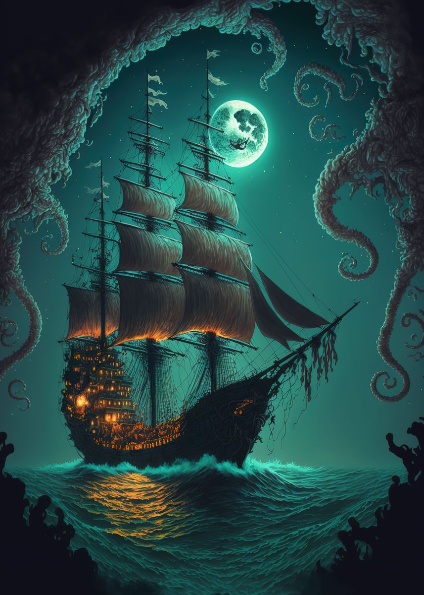 'boat moon night ' Poster, picture, metal print, paint by ellenanydia ...
