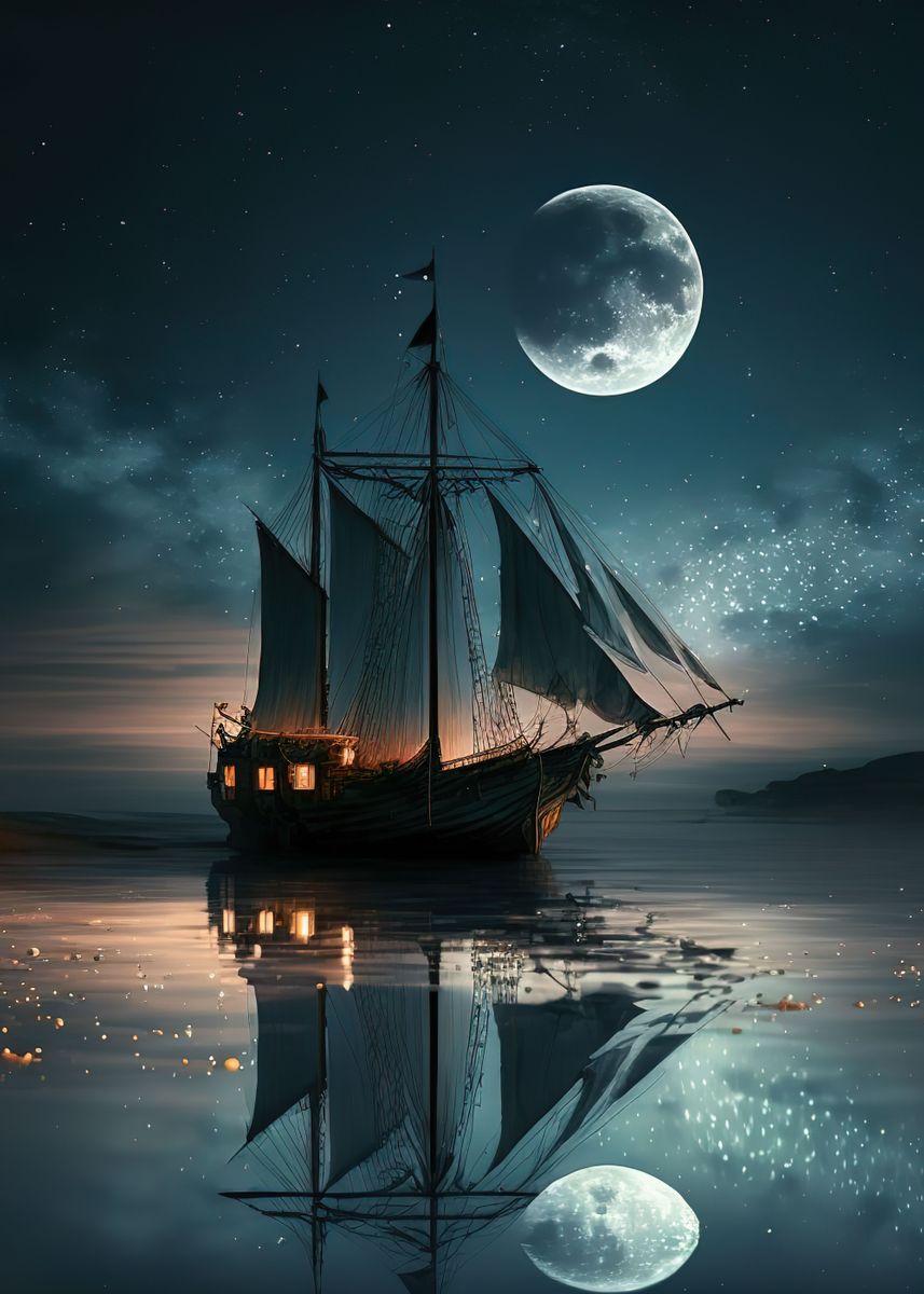 'boat moon night ' Poster, picture, metal print, paint by King Kean ...