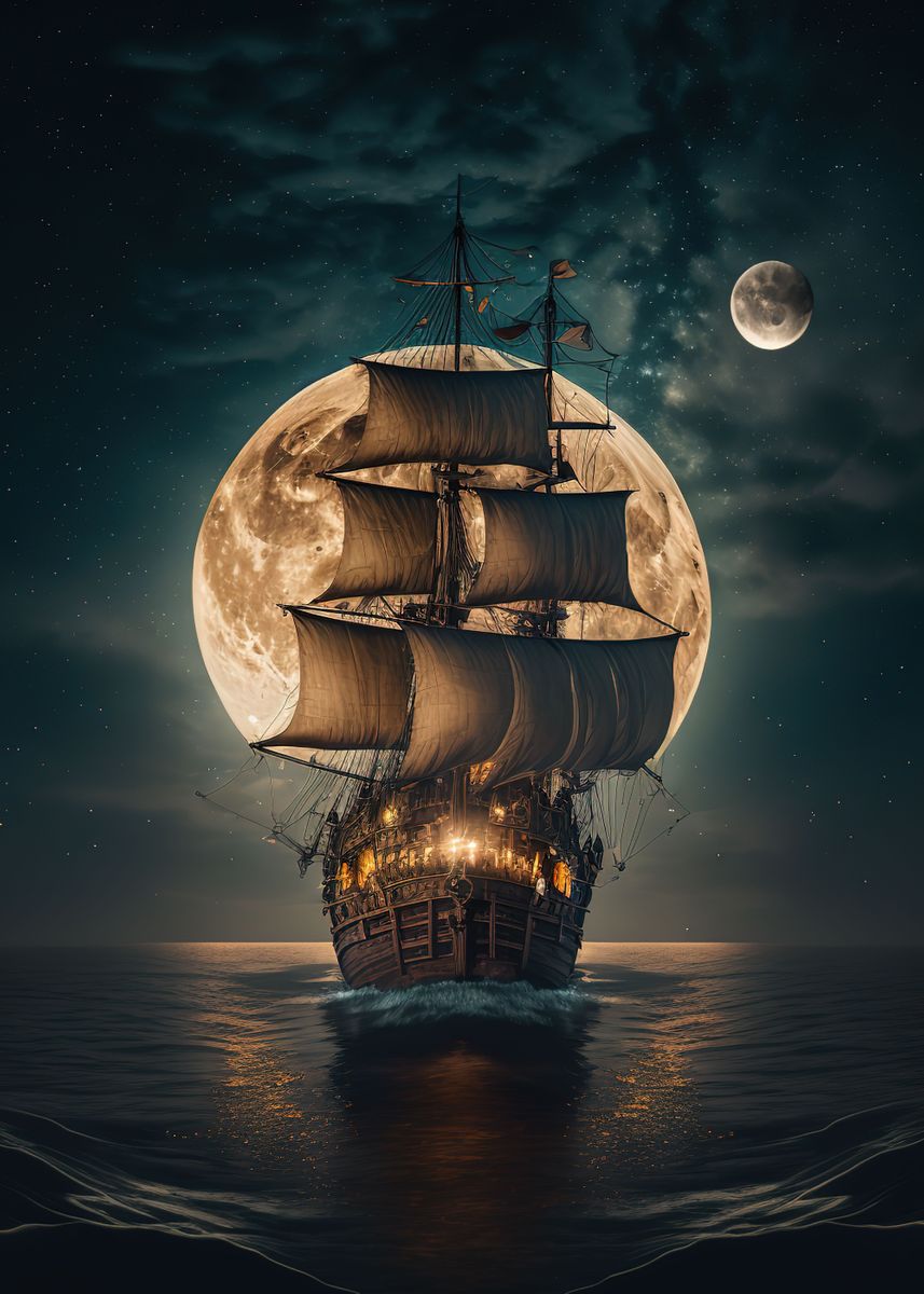 'boat moon night ' Poster, picture, metal print, paint by King Kean ...
