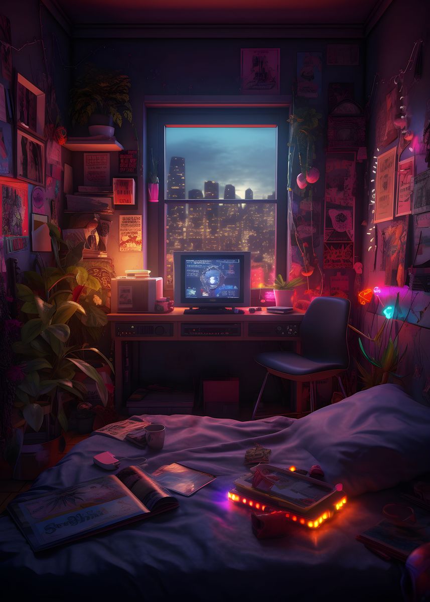 'Retro Synthwave Room Night' Poster by Paul C. Lane | Displate