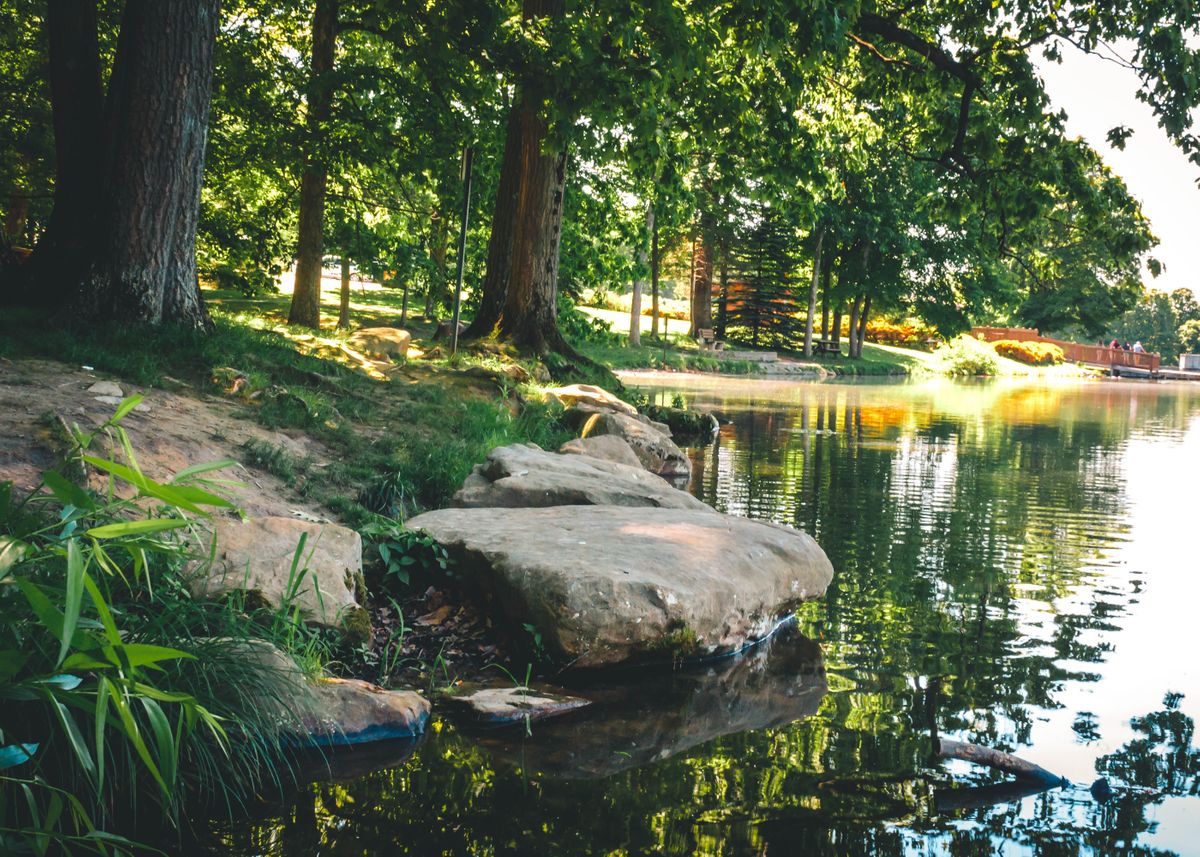 'Stones lining a peaceful l' Poster by Michael Deemer | Displate