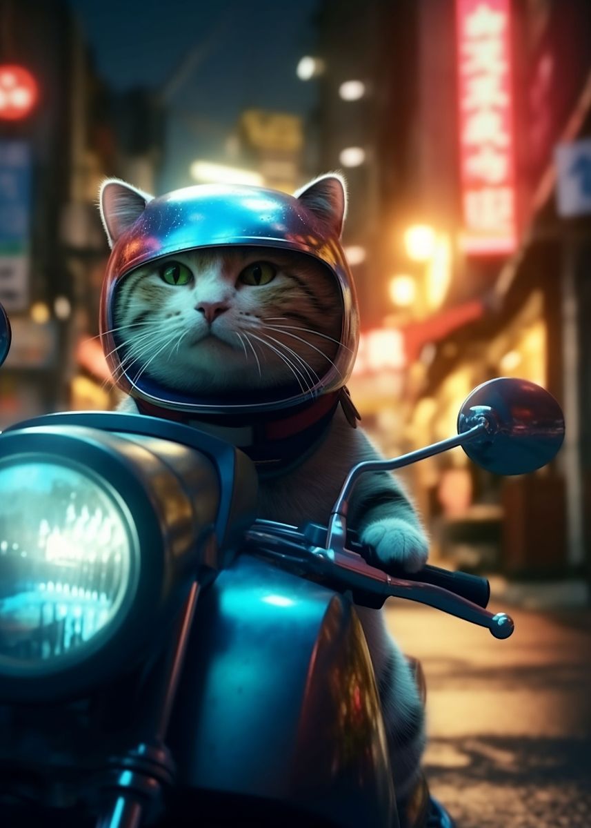 'Neon Nights Racing Cat' Poster, picture, metal print, paint by ...