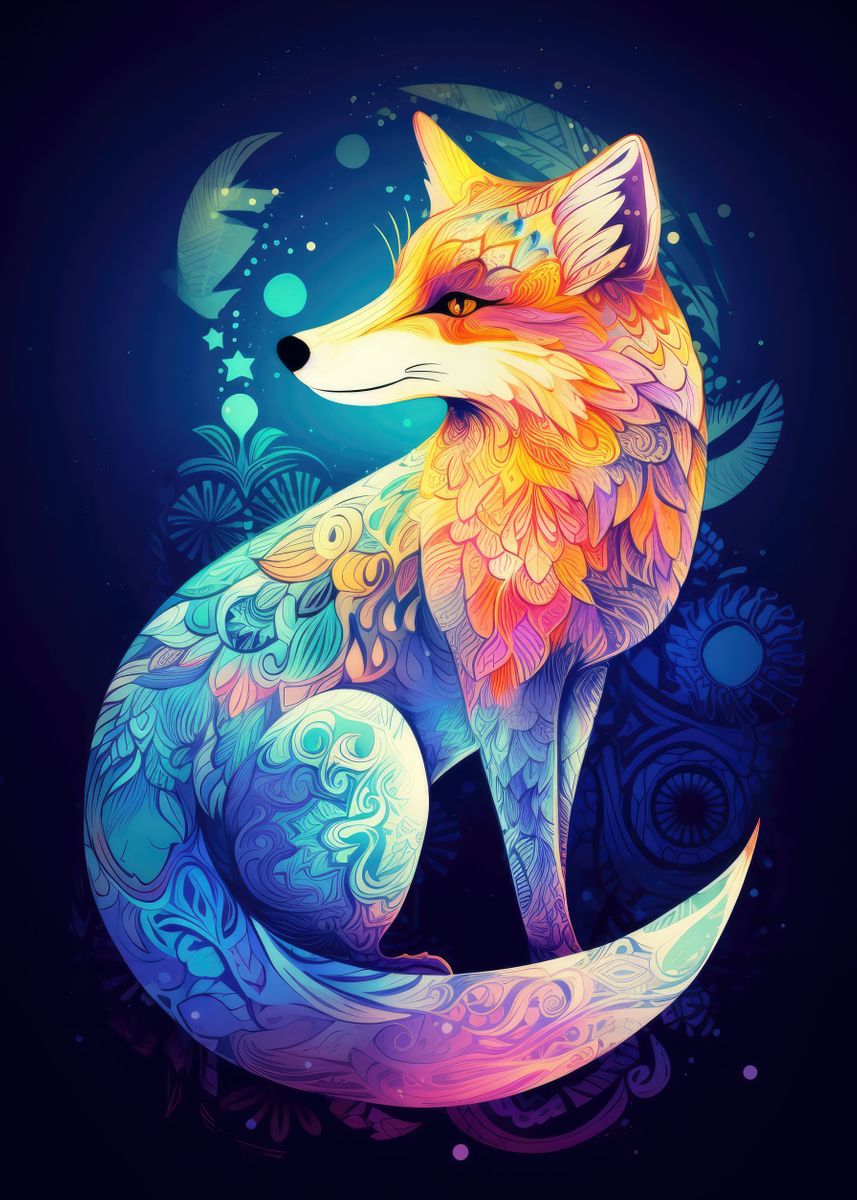 'Fox Illustration Neon' Poster, picture, metal print, paint by Steven ...