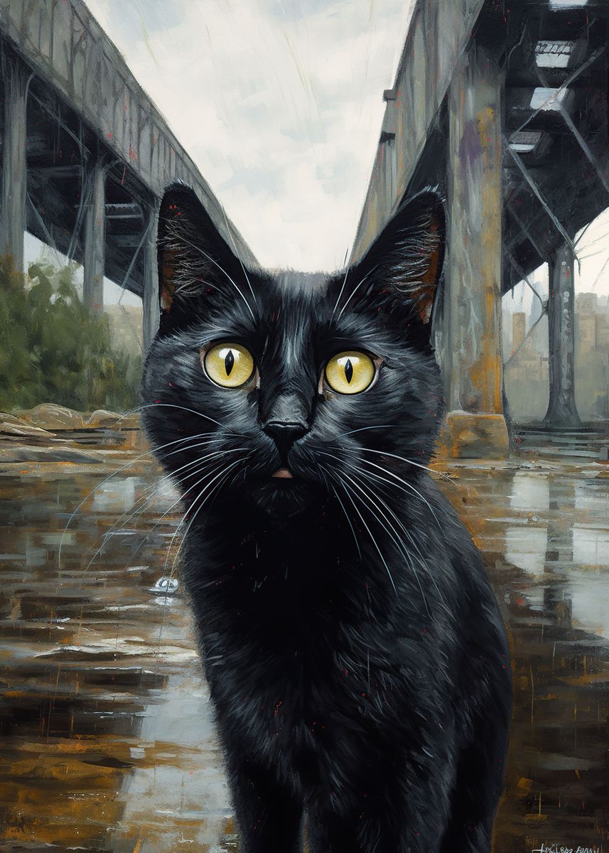 'Shadowy Sentinel Black Cat' Poster, picture, metal print, paint by ...
