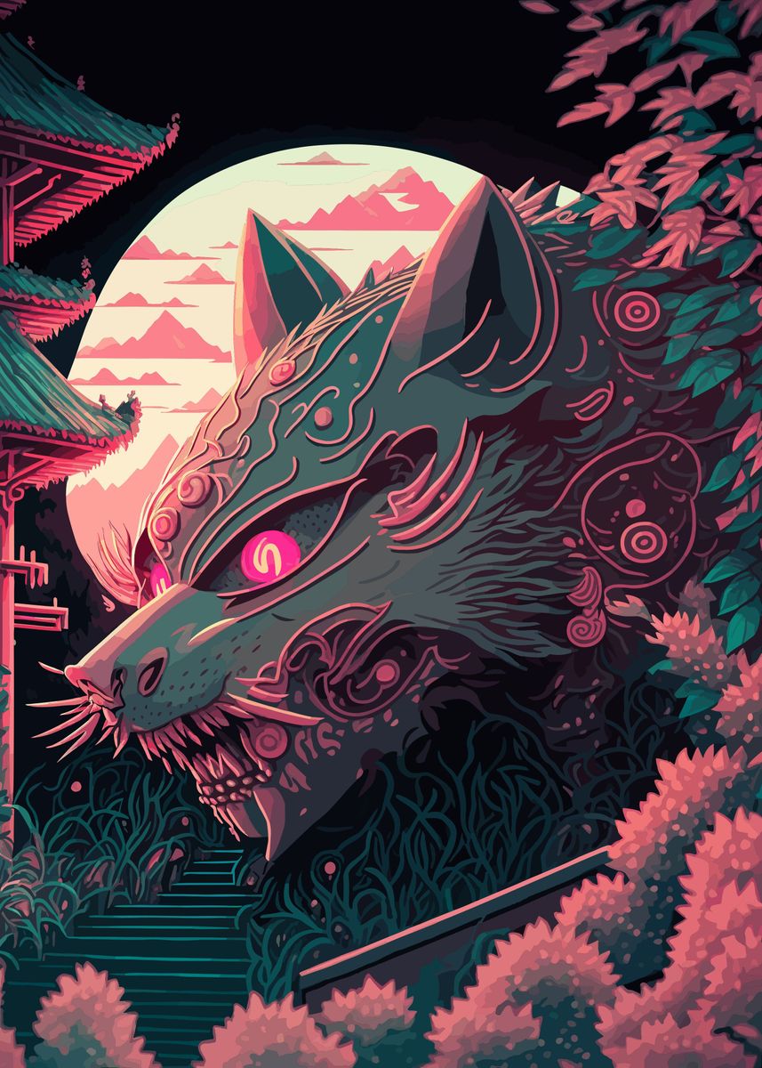 'Japanese demon fox' Poster, picture, metal print, paint by ...