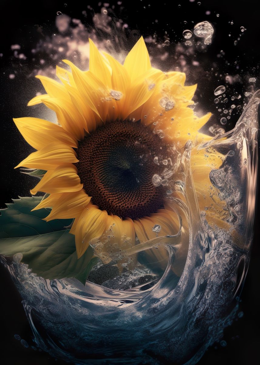 'Sunflower Water Splash' Poster, picture, metal print, paint by ...