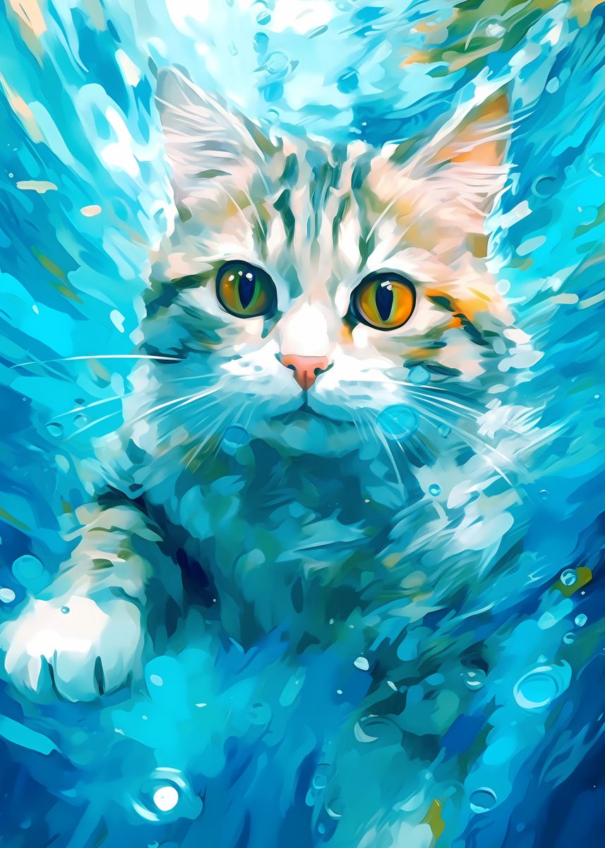 'Curious Cat Underwater Art' Poster, picture, metal print, paint by ...