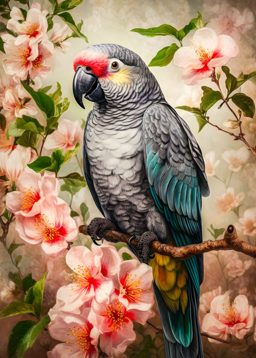 'Parrot with flowers' Poster, picture, metal print, paint by Alan ...