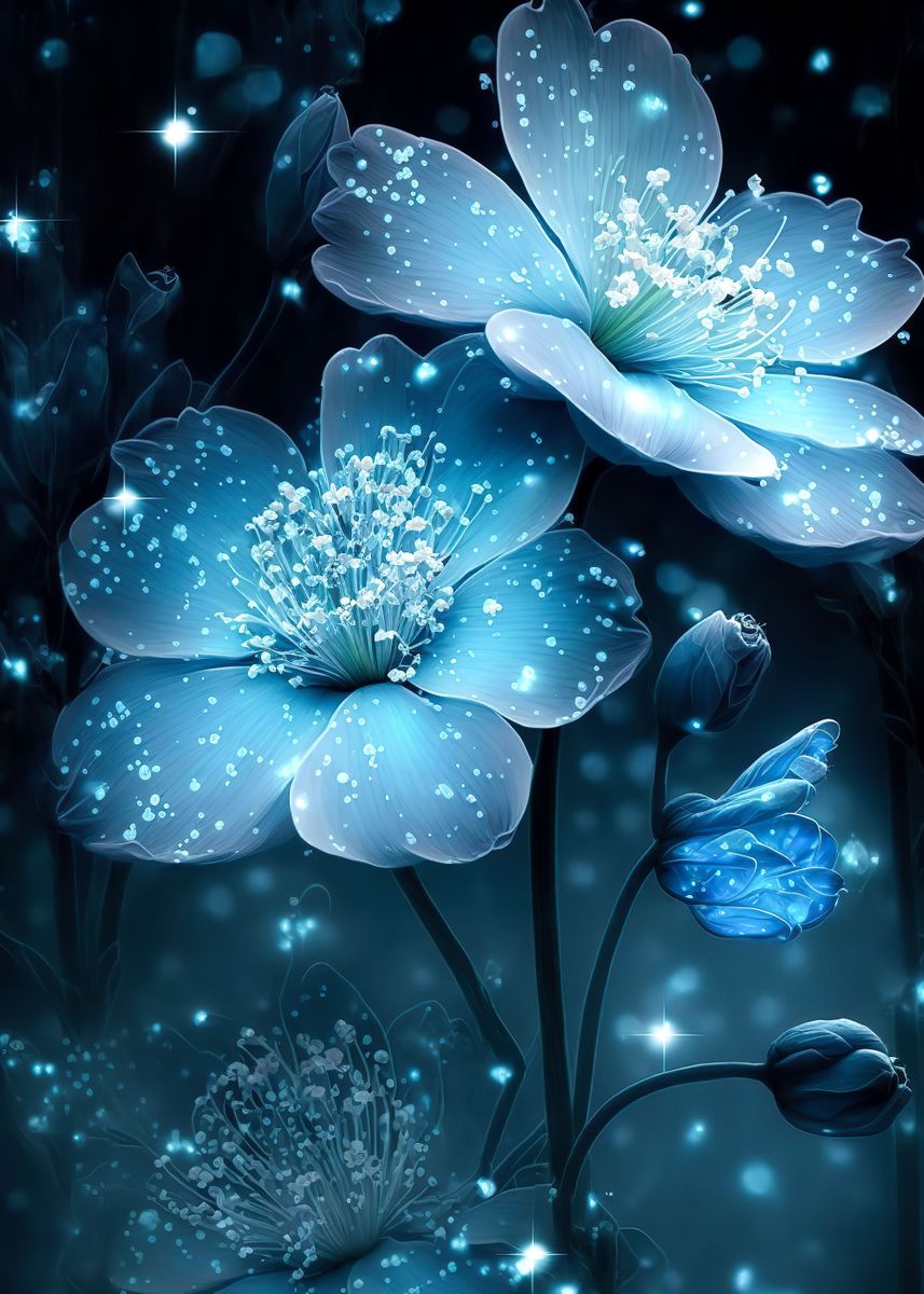 'Blue Neon Flowers' Poster, picture, metal print, paint by Sohail Rees ...