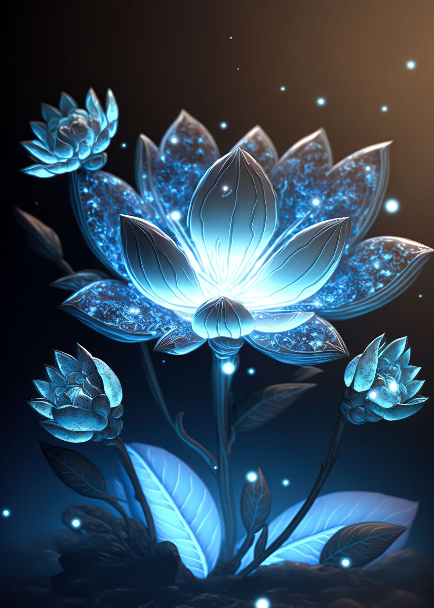 'Blue Neon Flowers' Poster, picture, metal print, paint by Sohail Rees ...