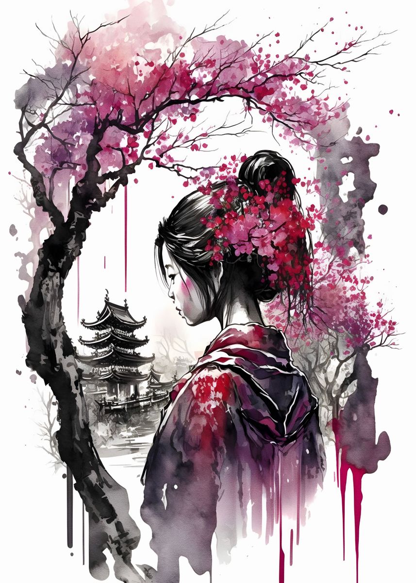 'Geisha Cherry blossom 2' Poster, picture, metal print, paint by Elz ...