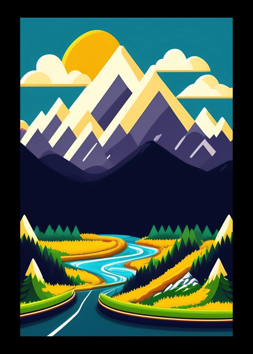 'Comic River And Mountains' Poster, picture, metal print, paint by ...