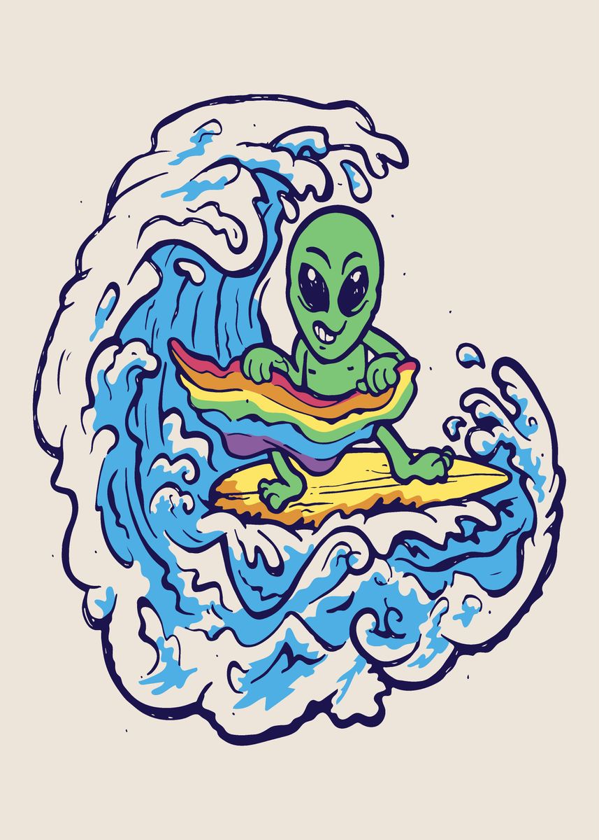 'Funny Alien Surfing' Poster, picture, metal print, paint by Dia ...