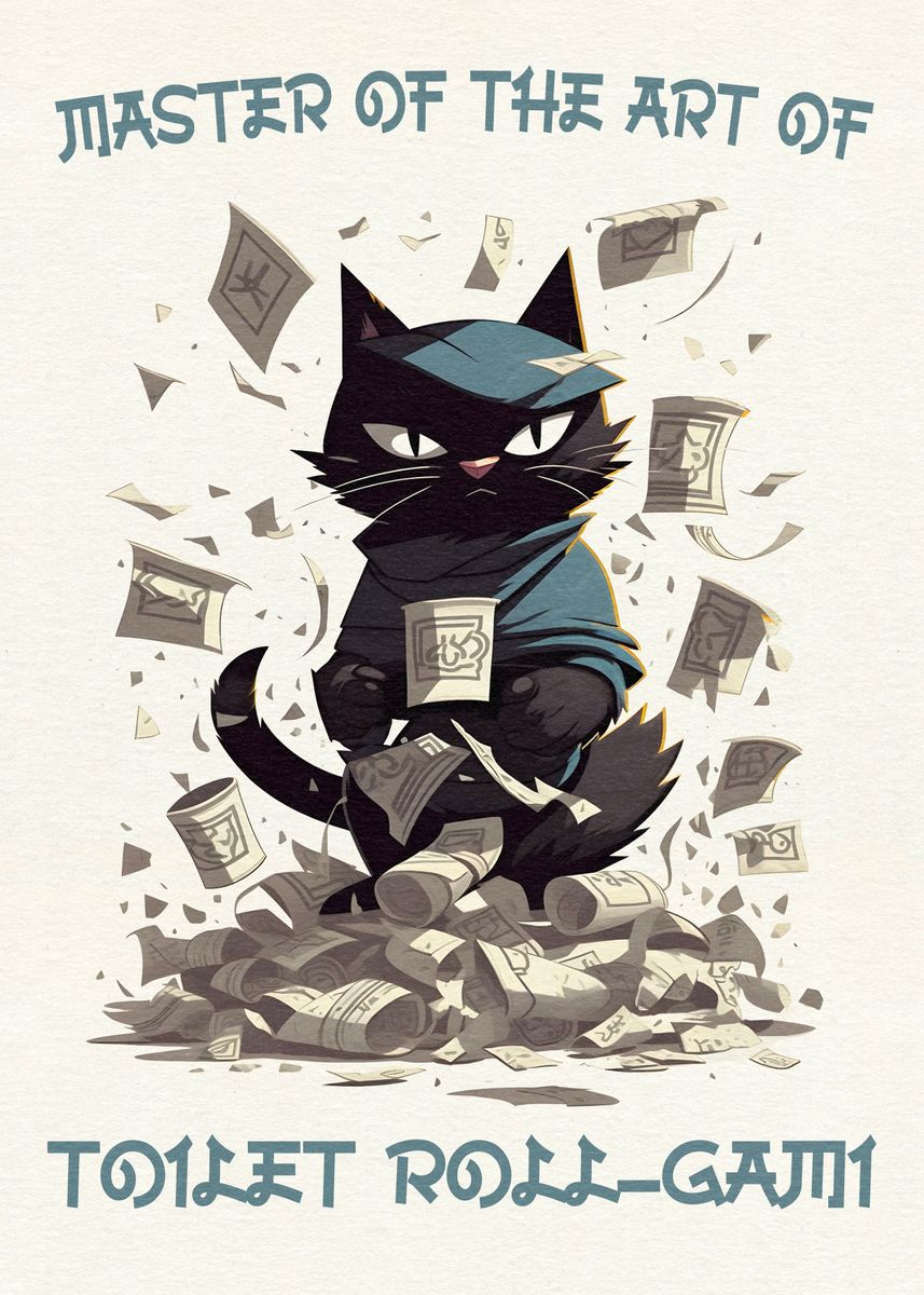 'Funny Cat Ninja Bathroom' Poster, picture, metal print, paint by ...