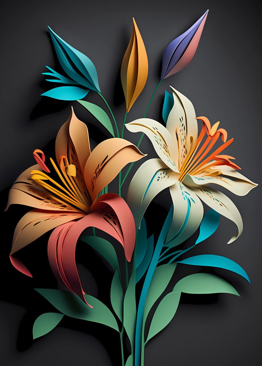 'Lilies Flowers Paper Art' Poster, picture, metal print, paint by ...