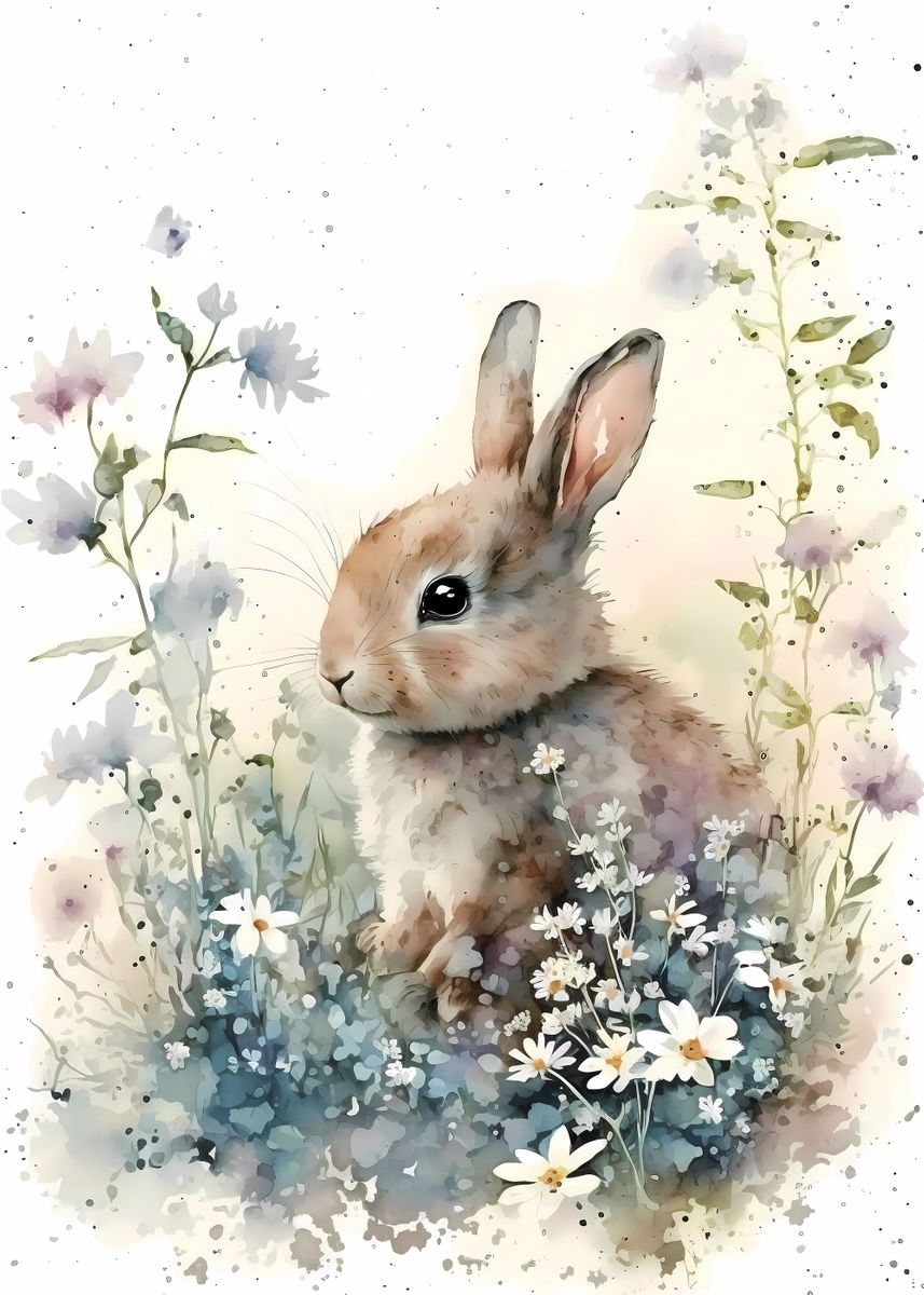 'Cute Rabbit and Flowers' Poster, picture, metal print, paint by ...
