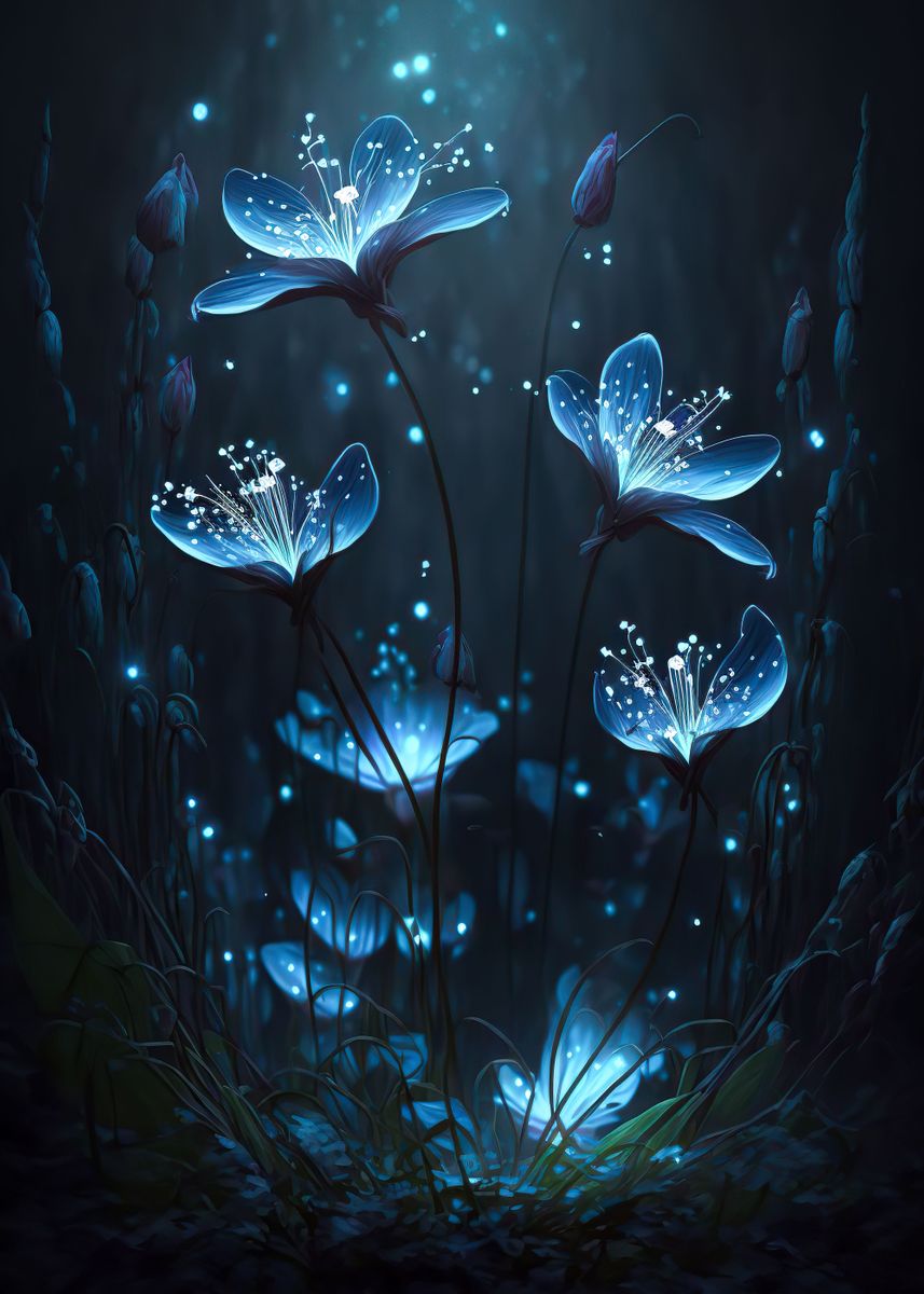 'Blue Neon Flowers' Poster, picture, metal print, paint by Sohail Rees ...