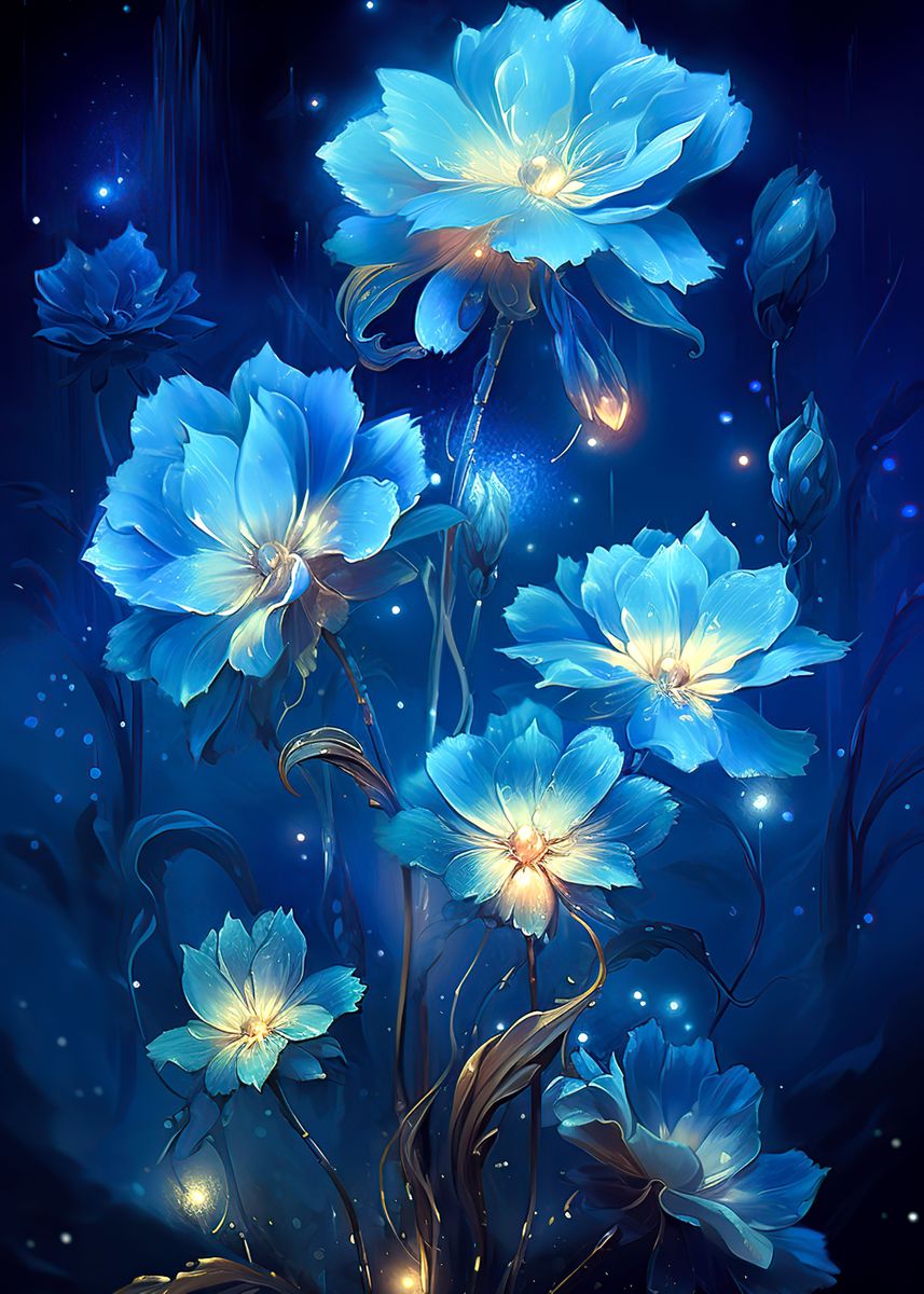 'Blue Neon Flowers' Poster, picture, metal print, paint by Sohail Rees ...