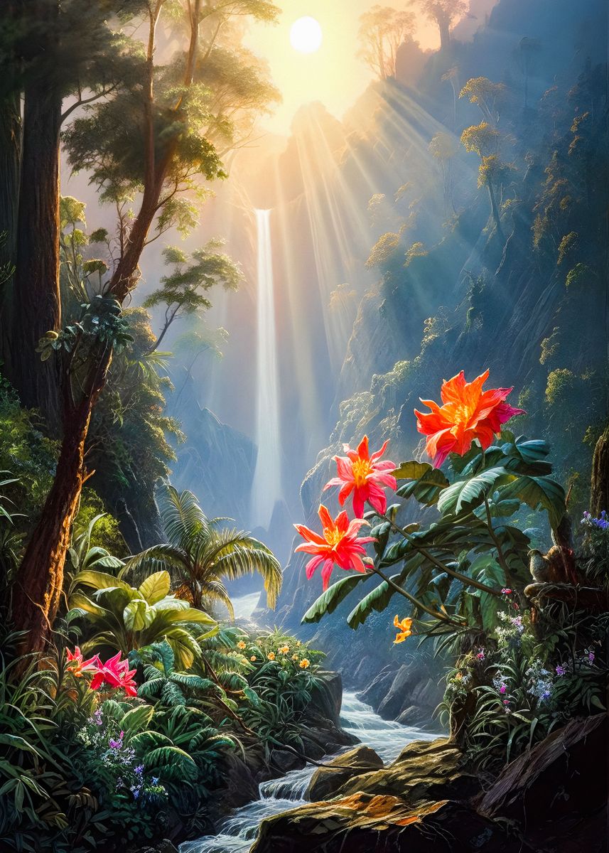 'Sunrise waterfall paradise' Poster, picture, metal print, paint by ...